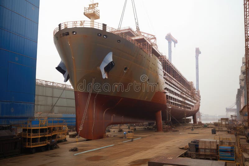 Shipyard, with Workers Installing Equipment and Fitting Out Newly ...