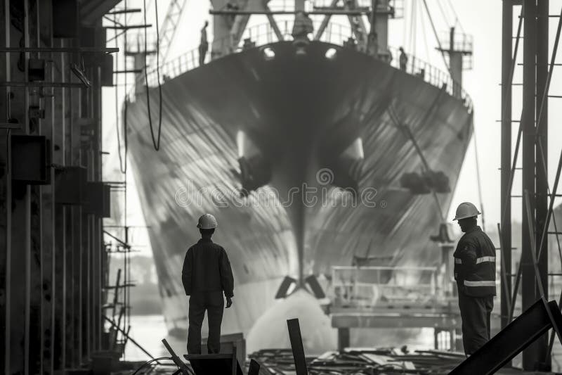 Shipyard Workers with a Ship Under Construction in Background Stock ...