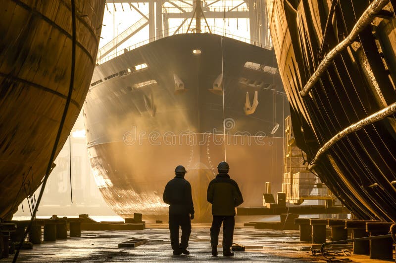 Shipyard Workers with a Ship Under Construction in Background Stock ...