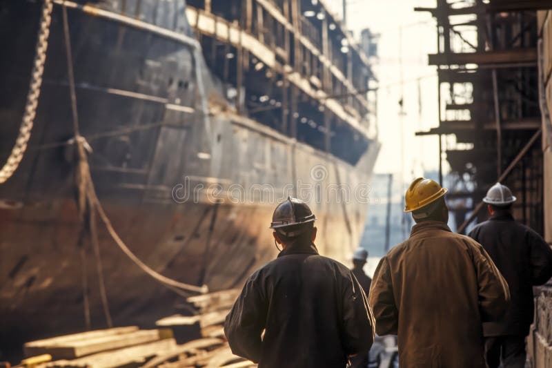 Shipyard Workers with a Ship Under Construction in Background Stock ...