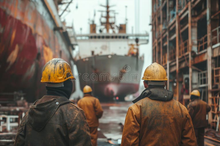 Shipyard Workers with a Ship Under Construction in Background Stock ...
