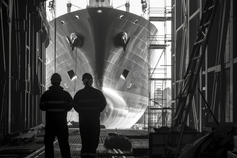 Shipyard Workers with a Ship Under Construction in Background Stock ...