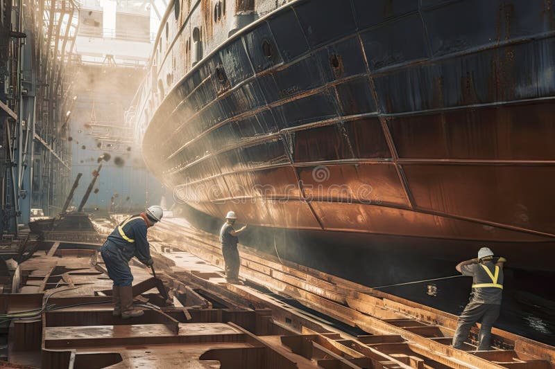 Shipyard, with Workers Welding and Hammering on Hull of New Ship Stock ...