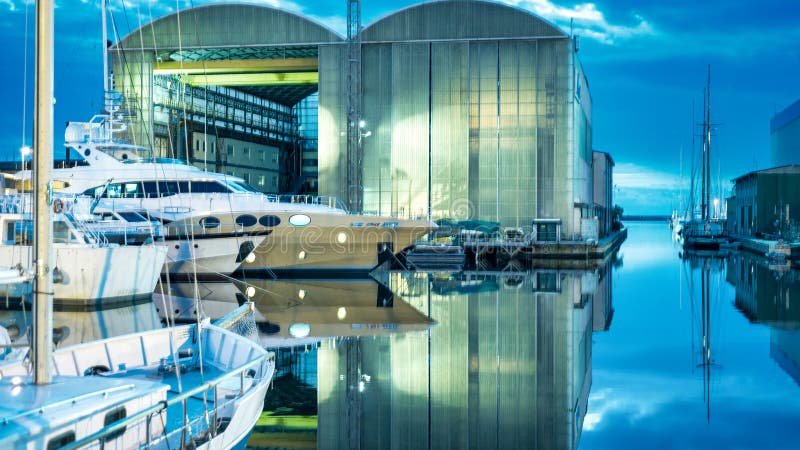 Shipyards at Viareggio Pier on a Beautiful Winter Evening Stock Image ...