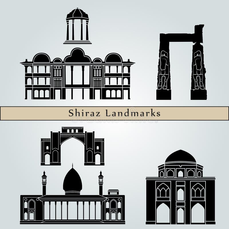 Shiraz Landmarks and Monuments Isolated on Blue Background Stock Vector ...