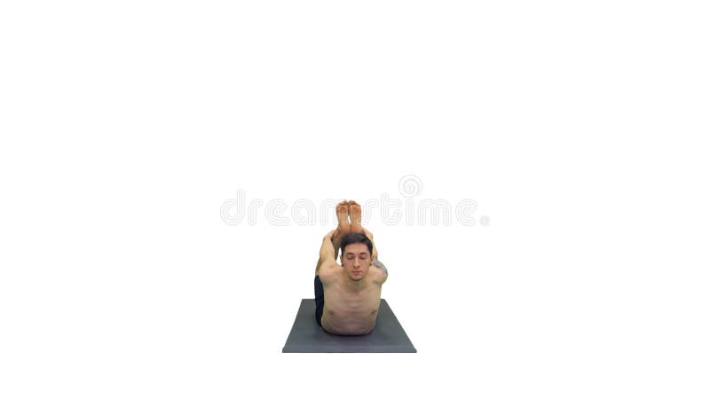 Shirtless Athletic Man Demonstrates A Yoga Bow Pose On Mat On Wh Stock ... Shirtless Athletic Man Demonstrates A Yoga Bow Pose On Mat On Wh Stock ...