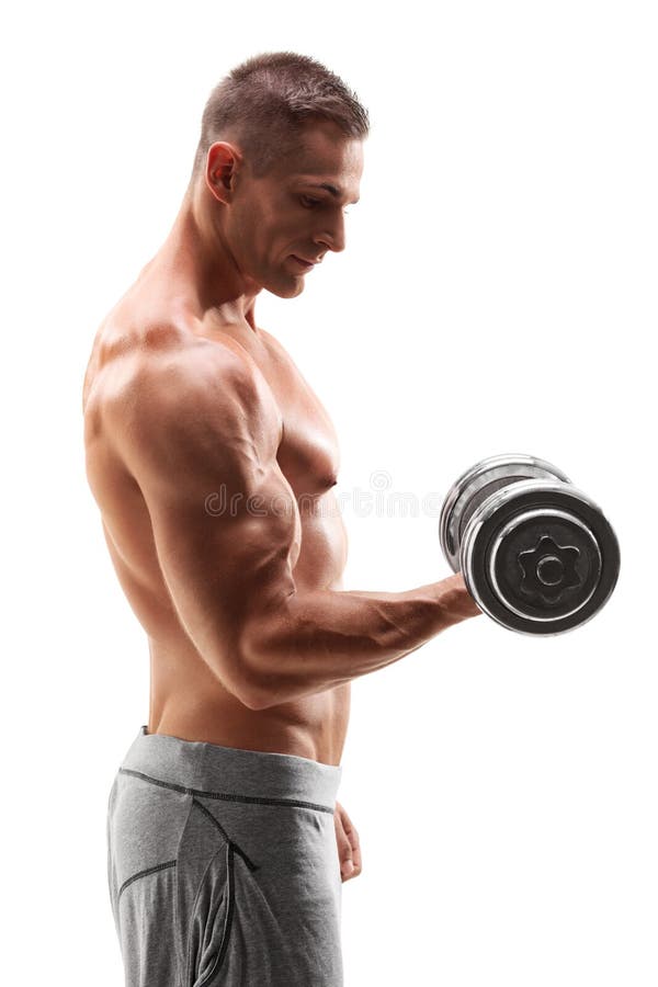 Shirtless Bodybuilder is Doing Exercise with Dumbbell. Neon Blue Light ...