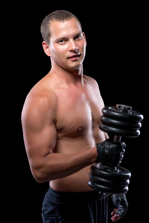 Bodybuilder Lifts Dumbbells with Both Hands, Seated Side Lateral Raise ...