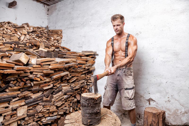 Shirtless Lumberjack with an Axe Stock Photo - Image of looking ...