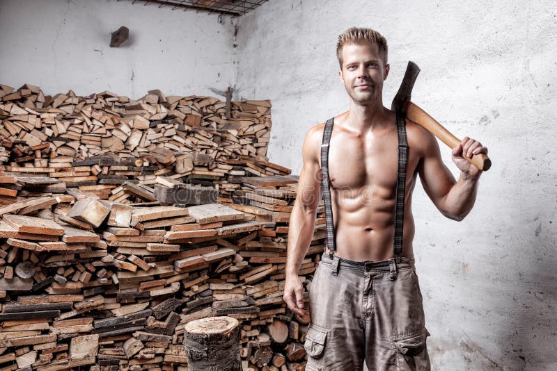 Shirtless Lumberjack with an Axe Stock Image - Image of bodybuilder ...
