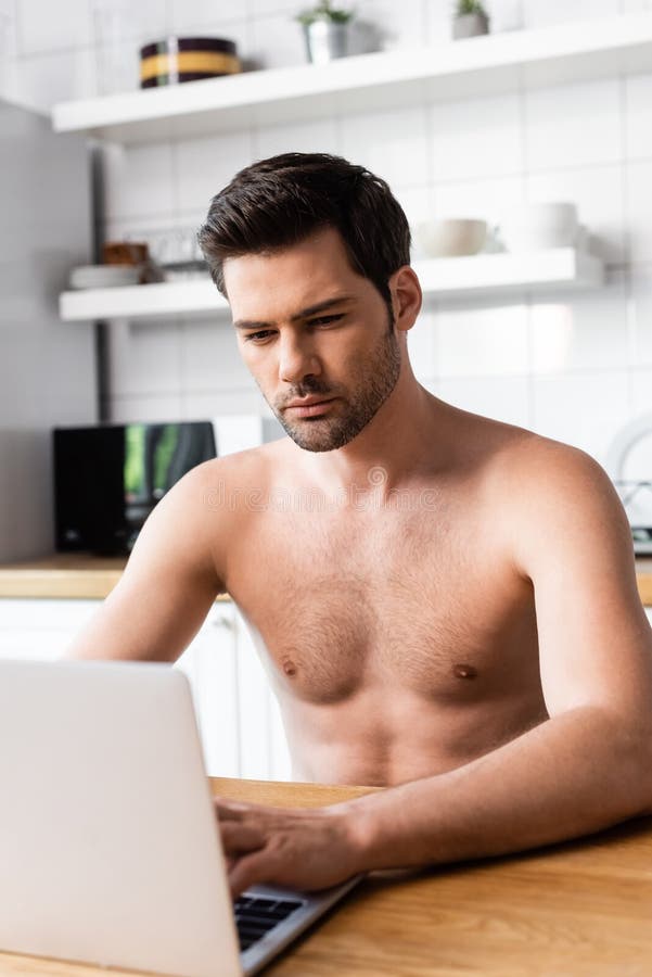 Shirtless Male Freelancer Working on Laptop Stock Image - Image of ...