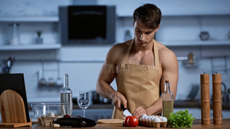 Shirtless Man in Apron Cooking in Stock Image - Image of prepare ...