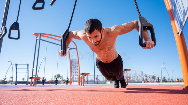 Shirtless Man Doing Loop Exercises Outdoors. Stock Photo - Image of ...