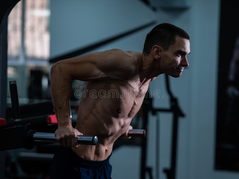 Shirtless Man Doing Triceps Dips from Parallel Bars in Gym. Stock Image ...