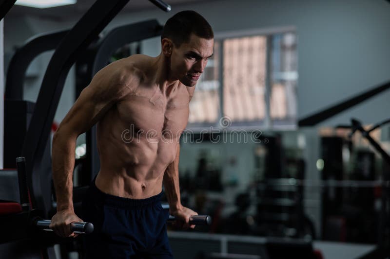 Shirtless Man Doing Triceps Dips from Parallel Bars in Gym. Stock Image ...