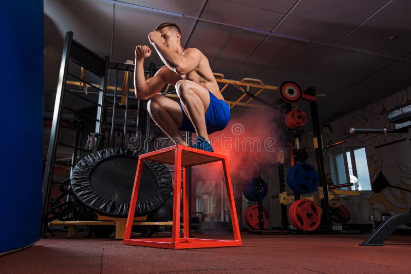 Shirtless Man Jumping on Block Stock Image - Image of club, muscular ...