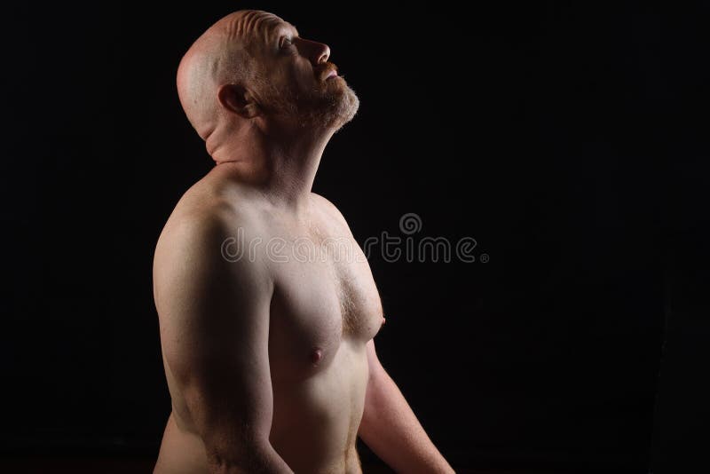 Shirtless Man Look Up on Black Background Stock Photo - Image of face ...