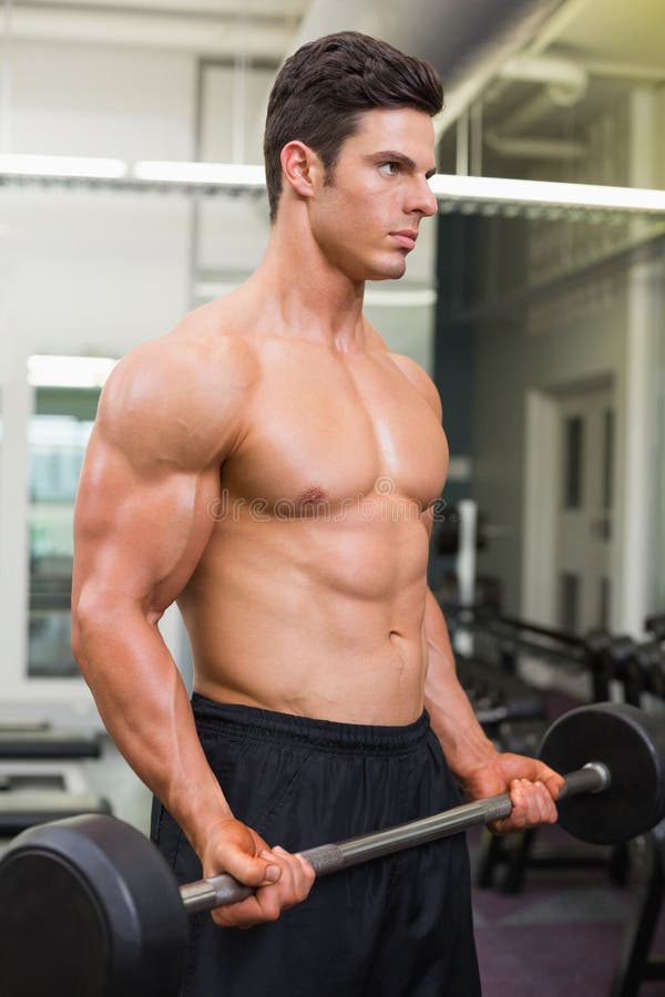 Shirtless Muscular Man Lifting Barbell in Gym Stock Photo - Image of ...