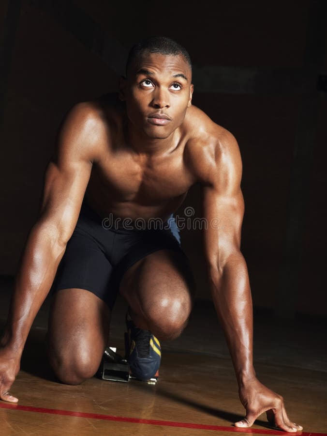 Shirtless Muscular Runner in Starting Position Stock Image - Image of ...