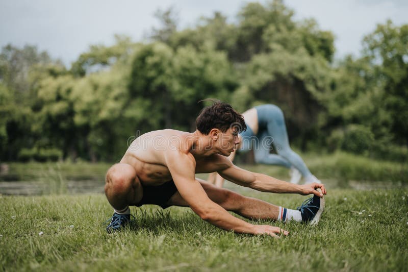 Young Man Stretching before Workout in Nature, Focusing on Flexibility ...