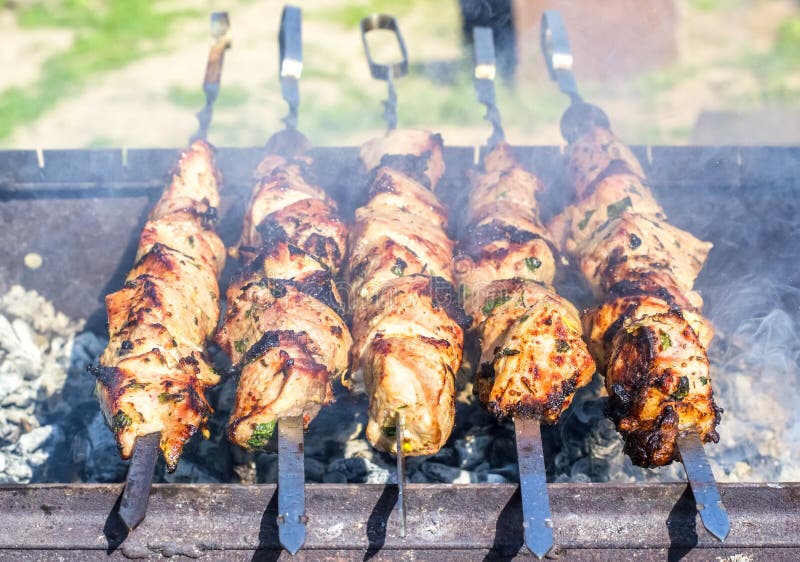 Shish Kebab on the Grill, Meat Cooked Over a Fire in the Open Air Stock ...