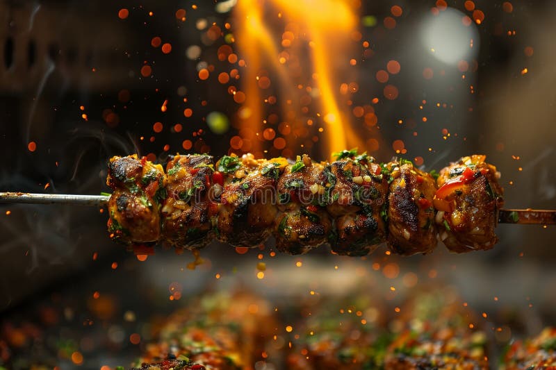 Shish Kebab on a Skewer with Fire Flames Stock Photo - Image of ...