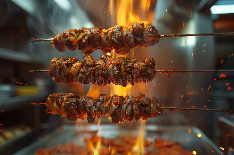 Shish Kebab on a Skewer with Fire Flames Stock Photo - Image of cuisine ...