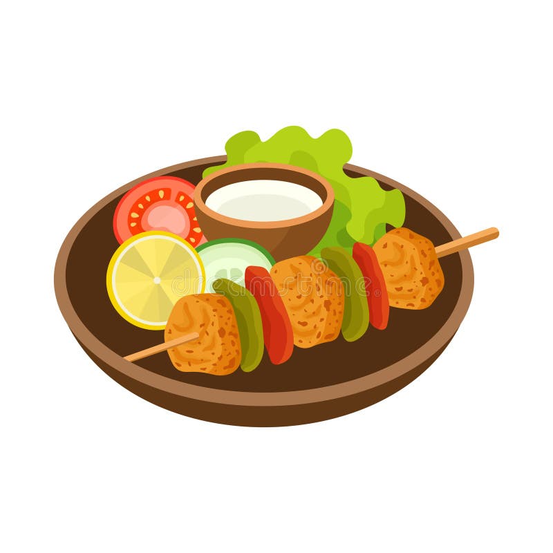 Shish Kebab on Skewer with Sauce and Fresh Vegetables on Plate Stock ...