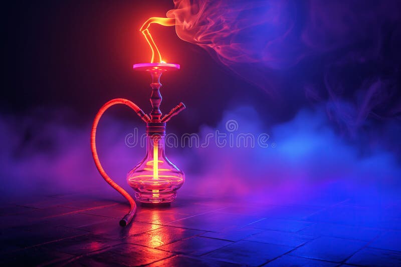 Shisha in Hookah Smoke with Neon Light on Multicolored Background Stock ...