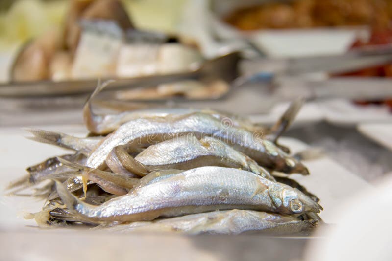 Shishamo Fish for Cooking on Station Buffet Stock Photo - Image of ...