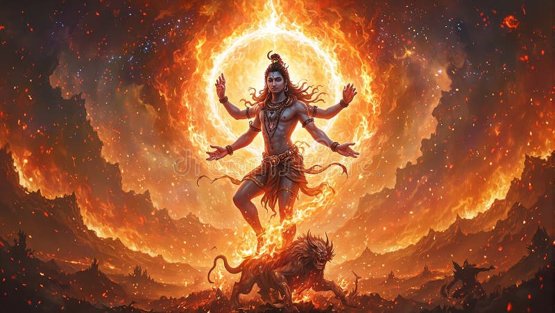 Shiva in Cosmic Dance Amid Flames Celestial Backdrop Stock Illustration ...