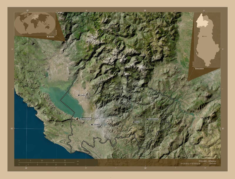 Shkoder, Albania. Low-res Satellite. Labelled Points of Cities Stock ...