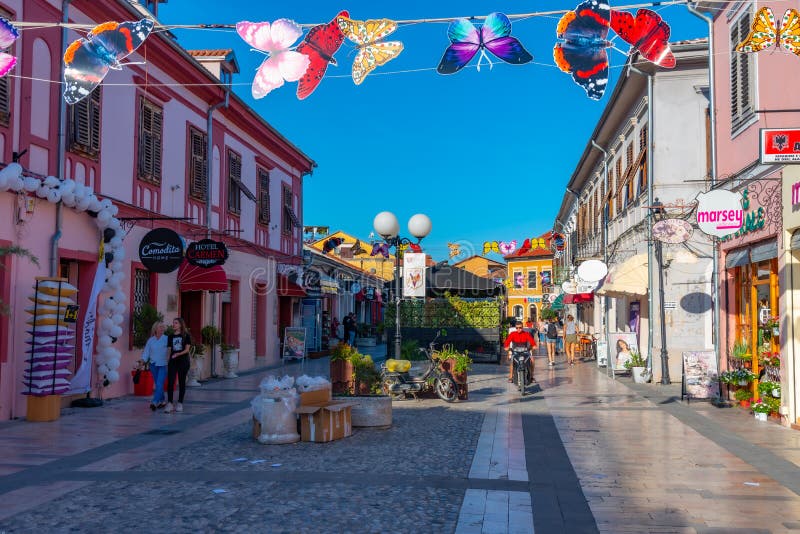 SHKODER, ALBANIA, SEPTEMBER 20, 2019: Colorful Houses and Restaurants ...