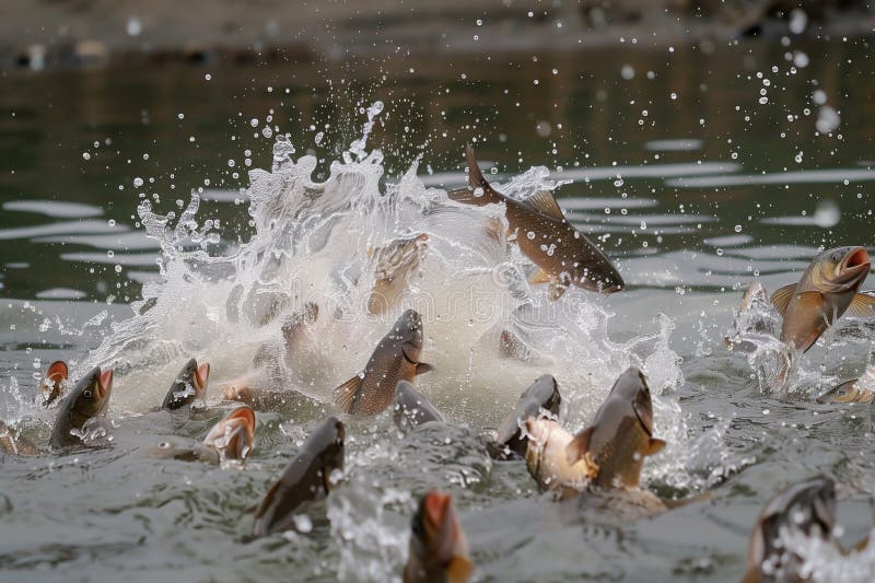 A Shoal of Fish Breaking the Water Surface in a Frenzy Stock Image ...