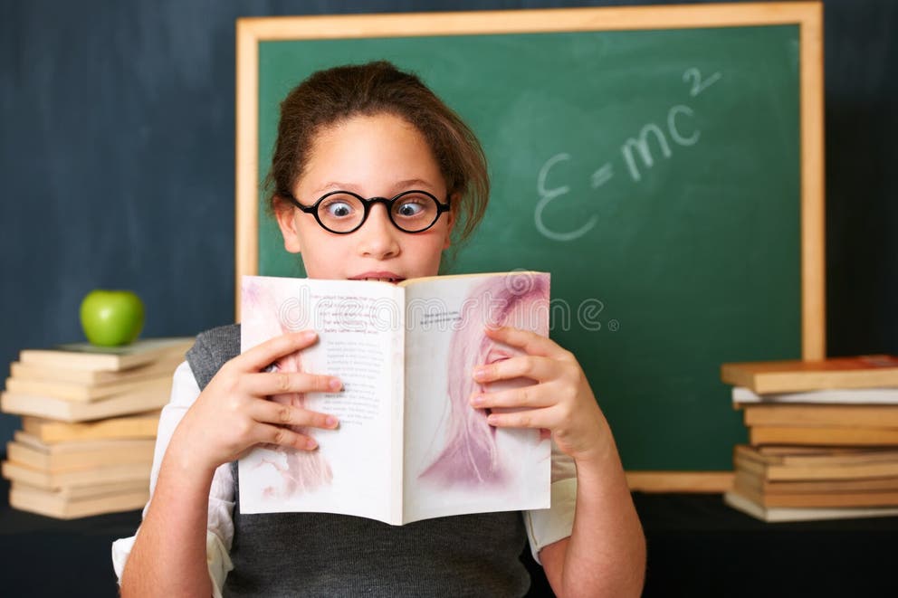 Shock, Reading and Child Student with a Book in the Classroom for Education, Learning or ...