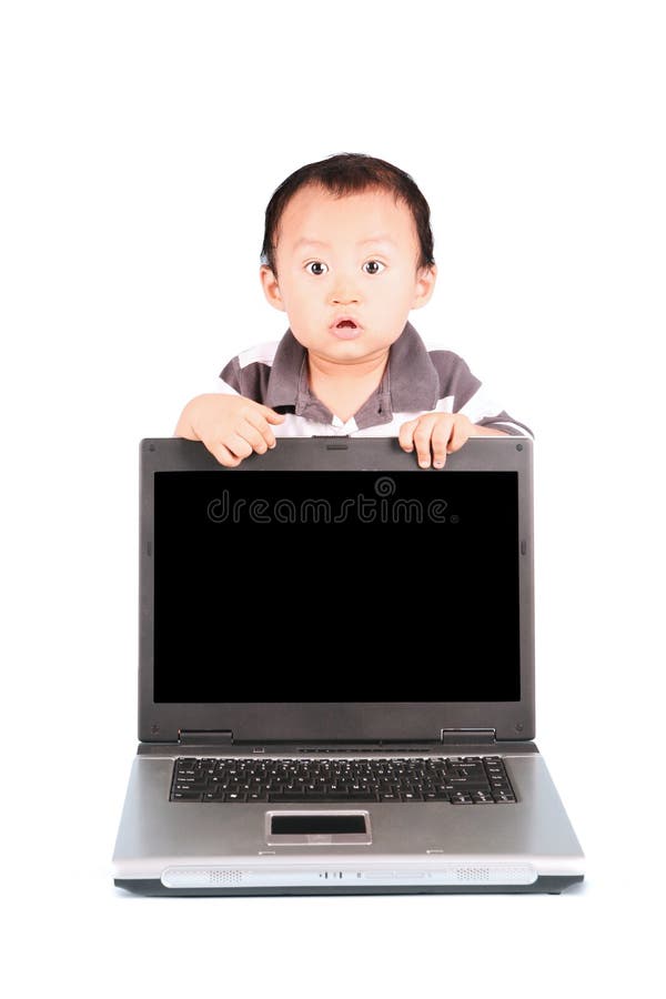 Shocked baby with a laptop stock photo. Image of asian - 69672074