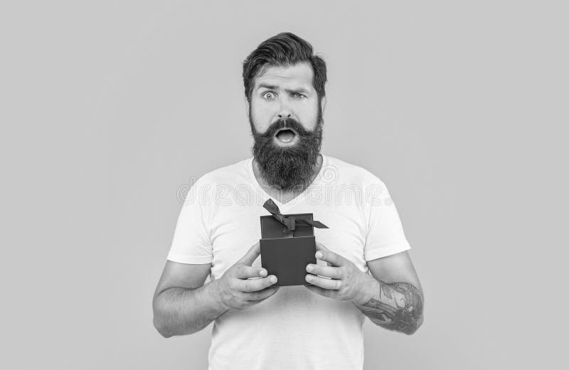 Shocked Bearded Man Hold Present Box Isolated on Yellow. Bearded Man ...