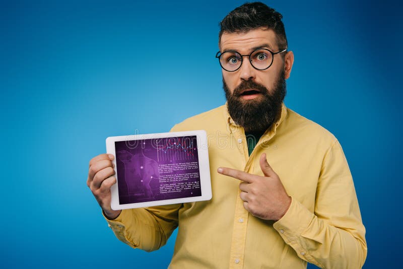 Shocked Bearded Man Pointing at Digital Tablet with Infographic ...