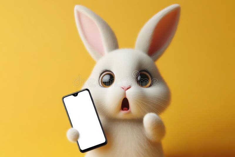 Shocked Bunny with Bulging Eyes Holding Smartphone with White Mockup ...