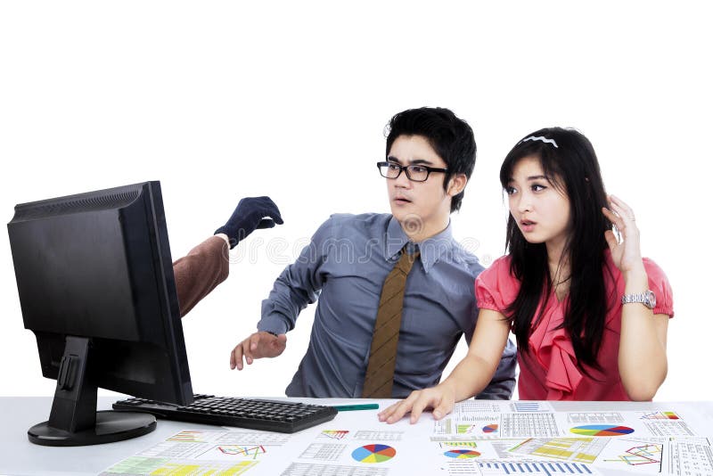 Shocked Businesspeople Looking Hacker 2 Stock Photo - Image of identity ...