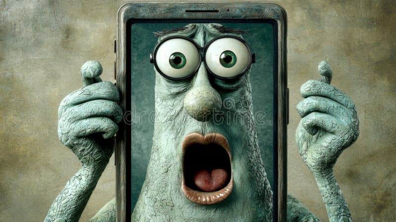 Shocked Cartoon Creature Emerging from Smartphone Screen Digital Art 3D ...