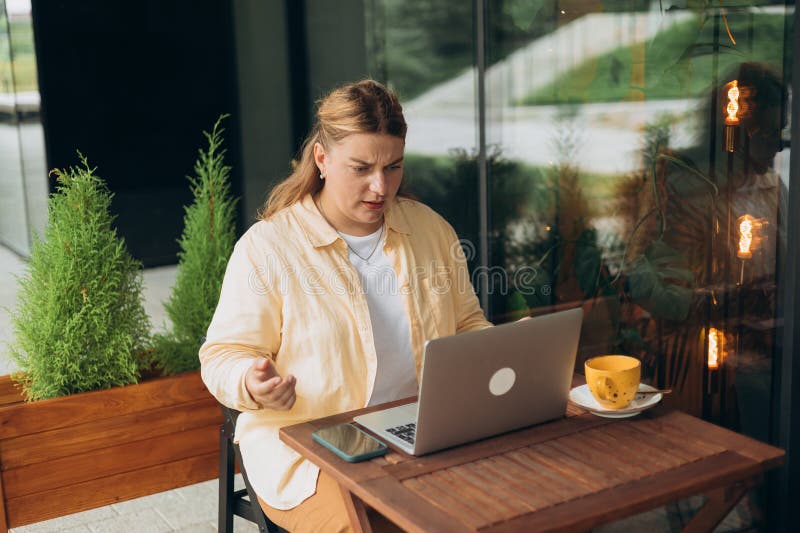 Shocked Concerned User Woman Looking at Laptop Screen, Finding Problems ...