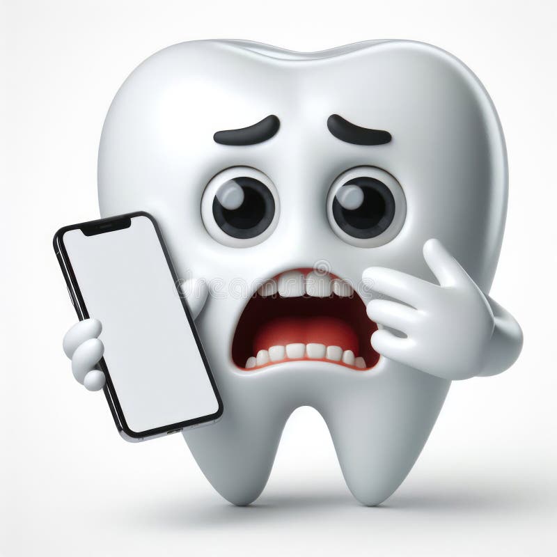 Shocked 3d Tooth Character Holding Smartphone with White Mockup Screen ...