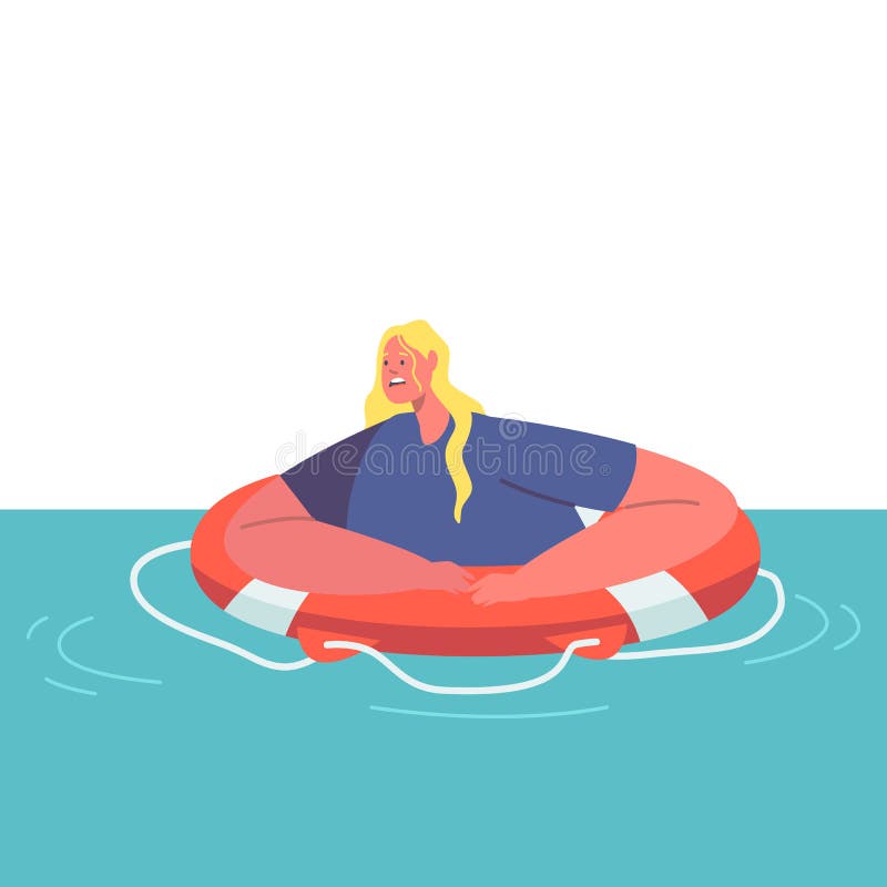 Shocked Exhausted Woman Swim On Lifebuoy Trying To Survive In Ocean