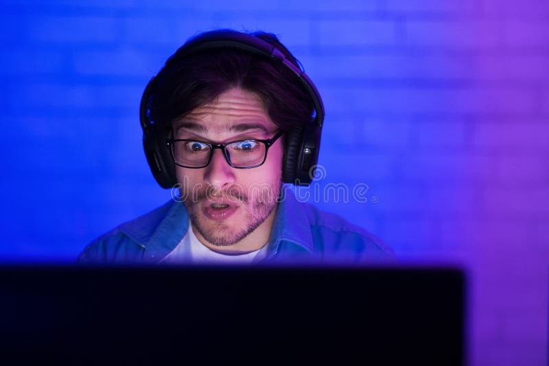 Shocked Gamer Having Problem Playing Computer Game at Home, Low-Light ...