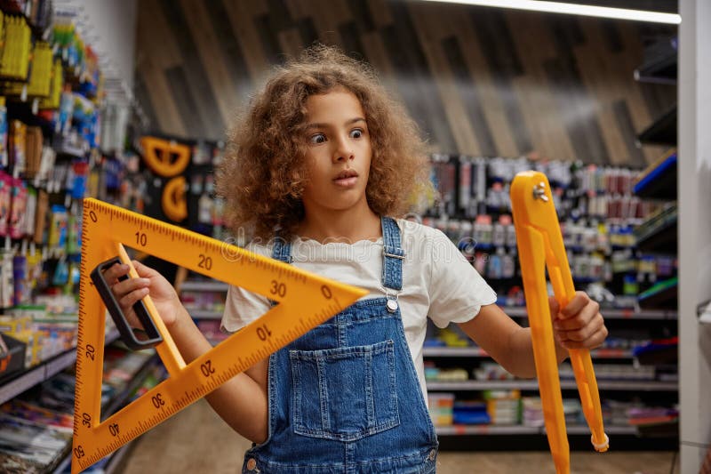Shocked Girl Student Holding Huge Compass and Triangle Ruler Stationery ...