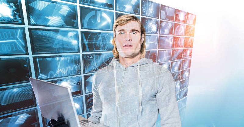 Shocked Hacker Holding Laptop by Screens Stock Image - Image of blonde ...
