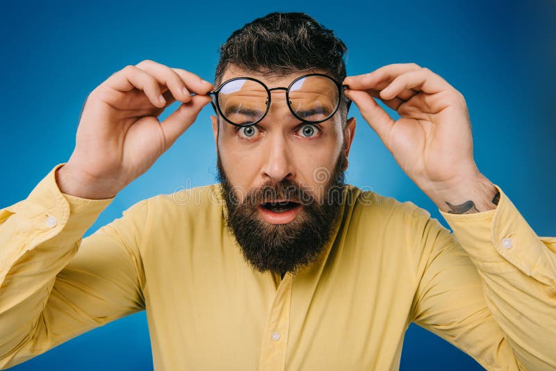 Shocked Handsome Bearded Man in Eyeglasses Isolated Stock Photo - Image ...
