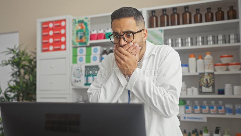 Shocked Hispanic Man in Pharmacy Covering Mouth while Reading Computer ...