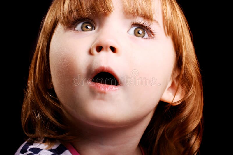 Shocked Little Child Girl Looks With Opened Eyes And Worried Expression ...